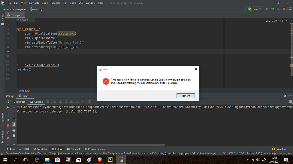 PyQt5 uygulama başlatılamadı hatası - PyQt - YazBel forumu